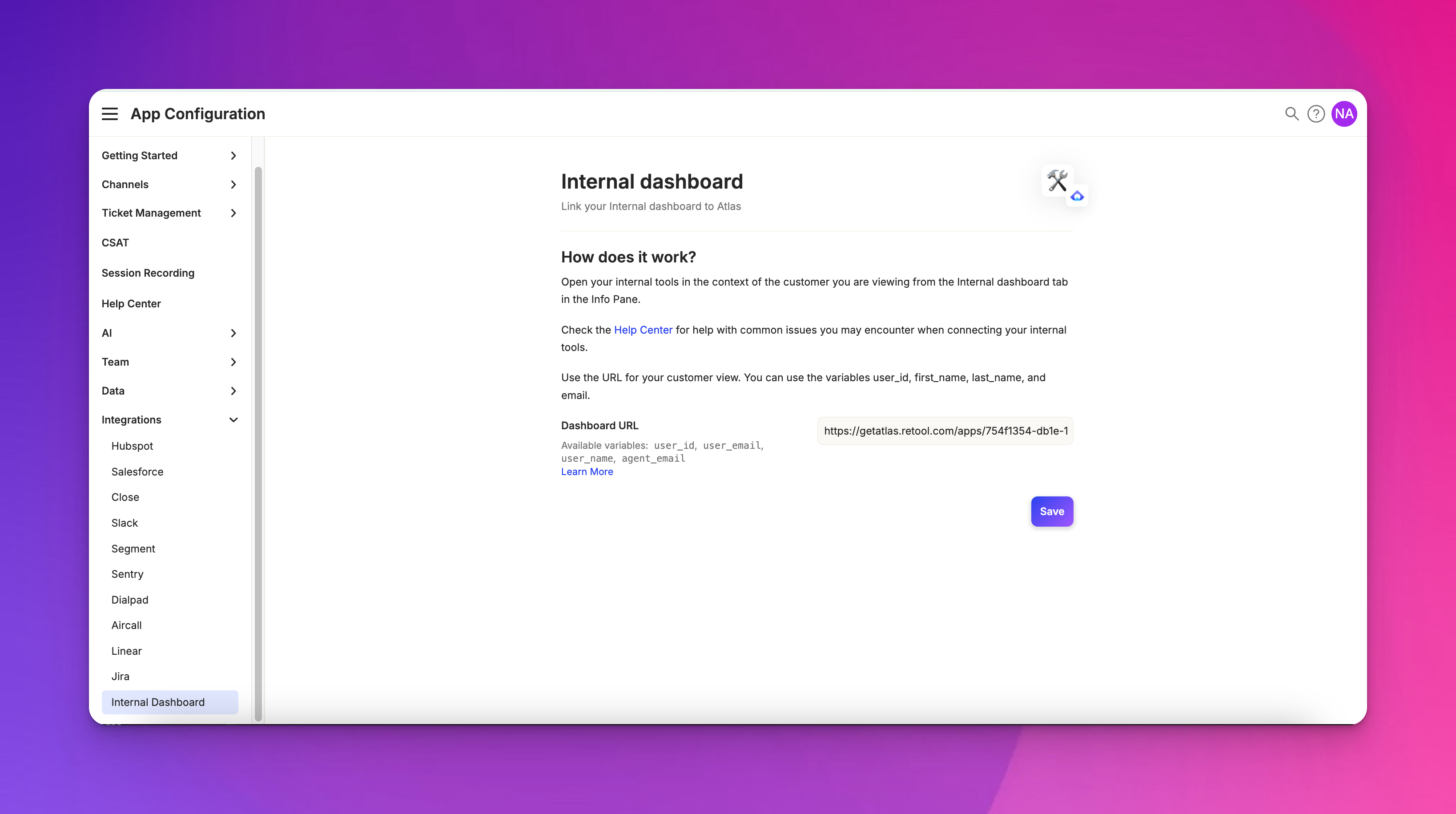 Internal dashboard integration | Atlas Help Center